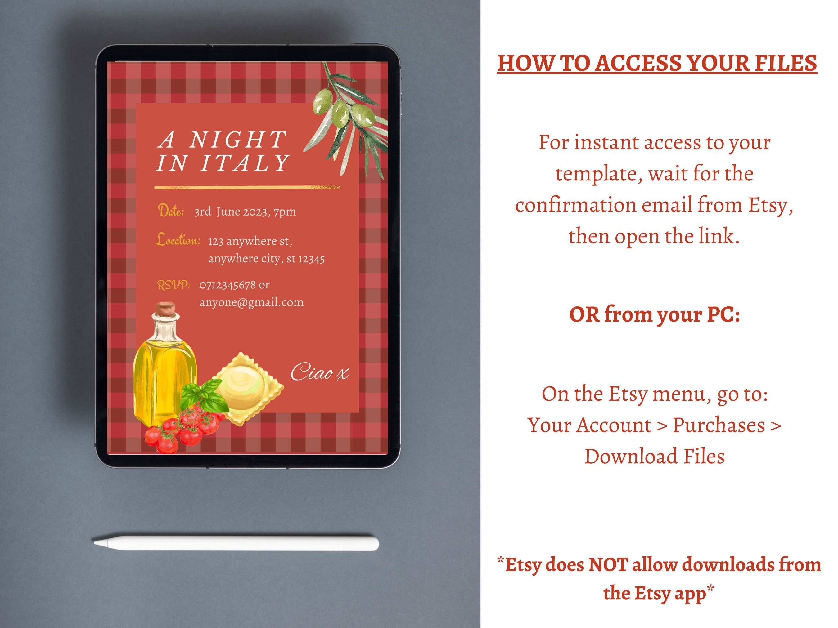 Editable Italian Themed Dinner Party Invitation, Digital Printable ...