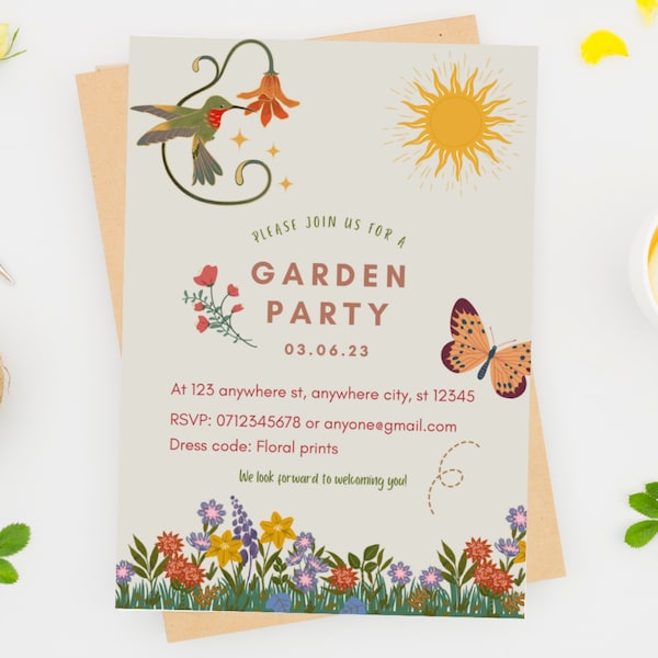 Editable Summer Garden Party Invitation, Digital Printable, Canva ...