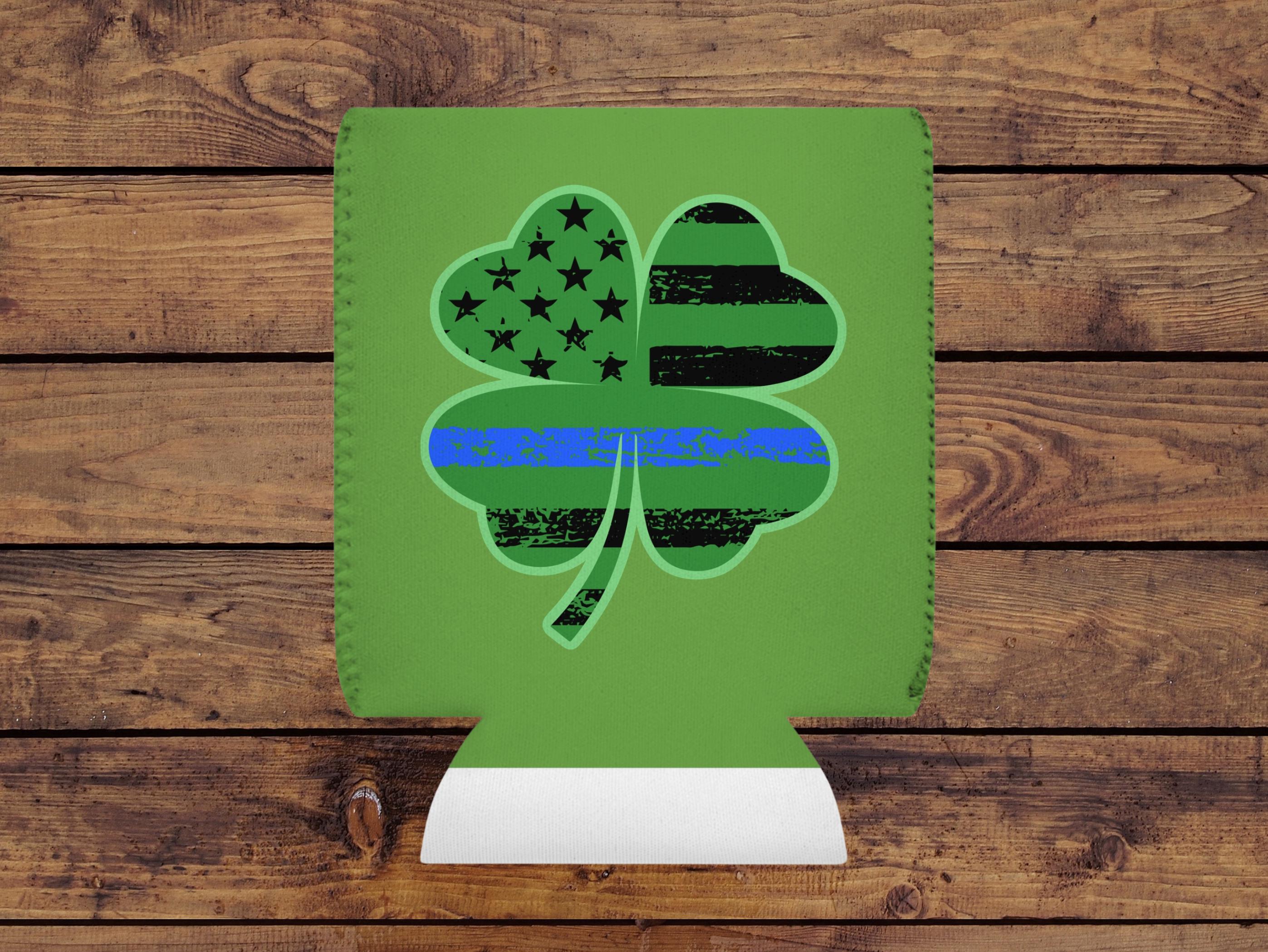 Can Cooler Sleeve Blue Line Flag Shamrock Koozie for St Patricks Day ...