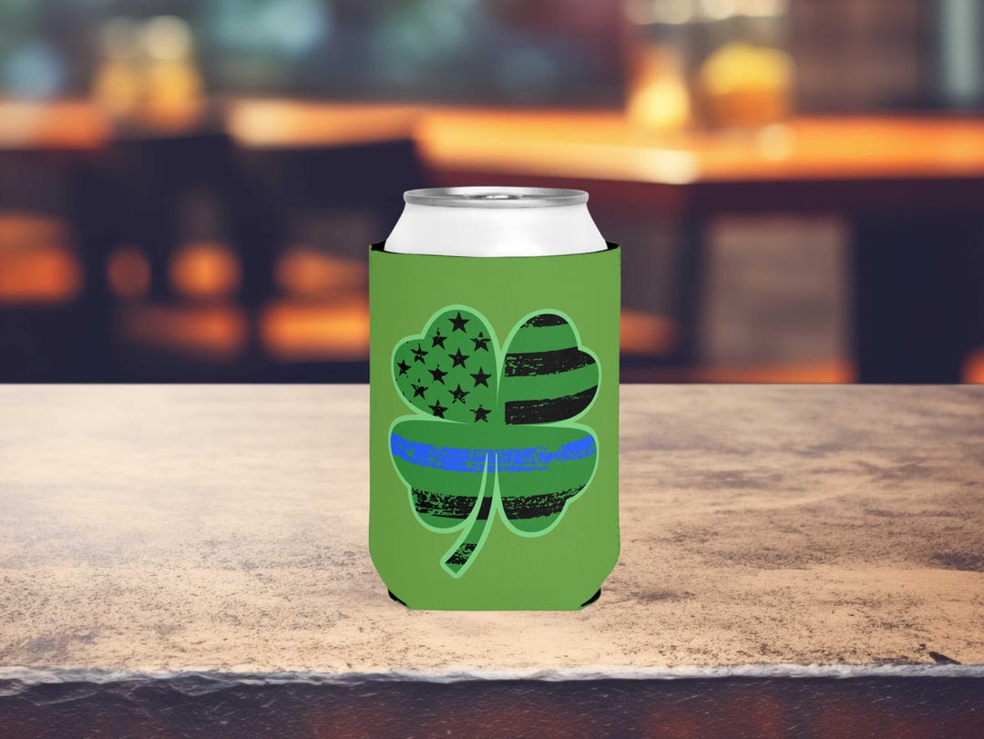 Can Cooler Sleeve Blue Line Flag Shamrock Koozie for St Patricks Day ...