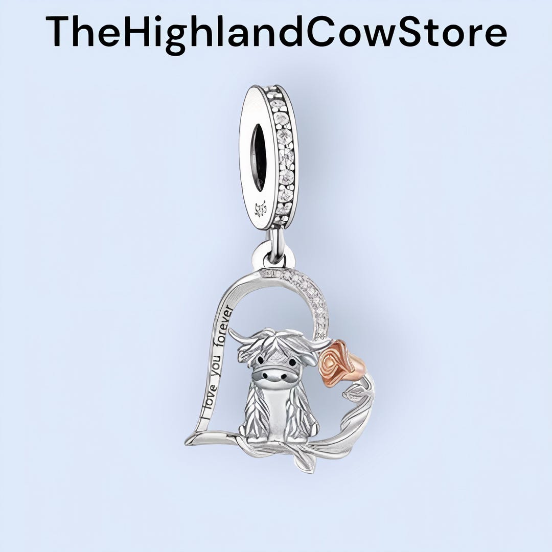 Highland Cow With Flower 925 Sterling Silver Pendant Charm | I Love You ...