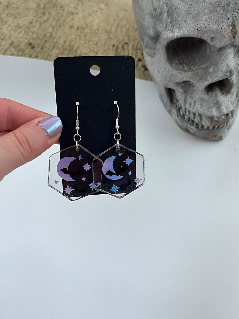Crescent Moon and Bat Resin Holographic Earrings Halloween Earrings Gothic Cute Celestial Lunar ...