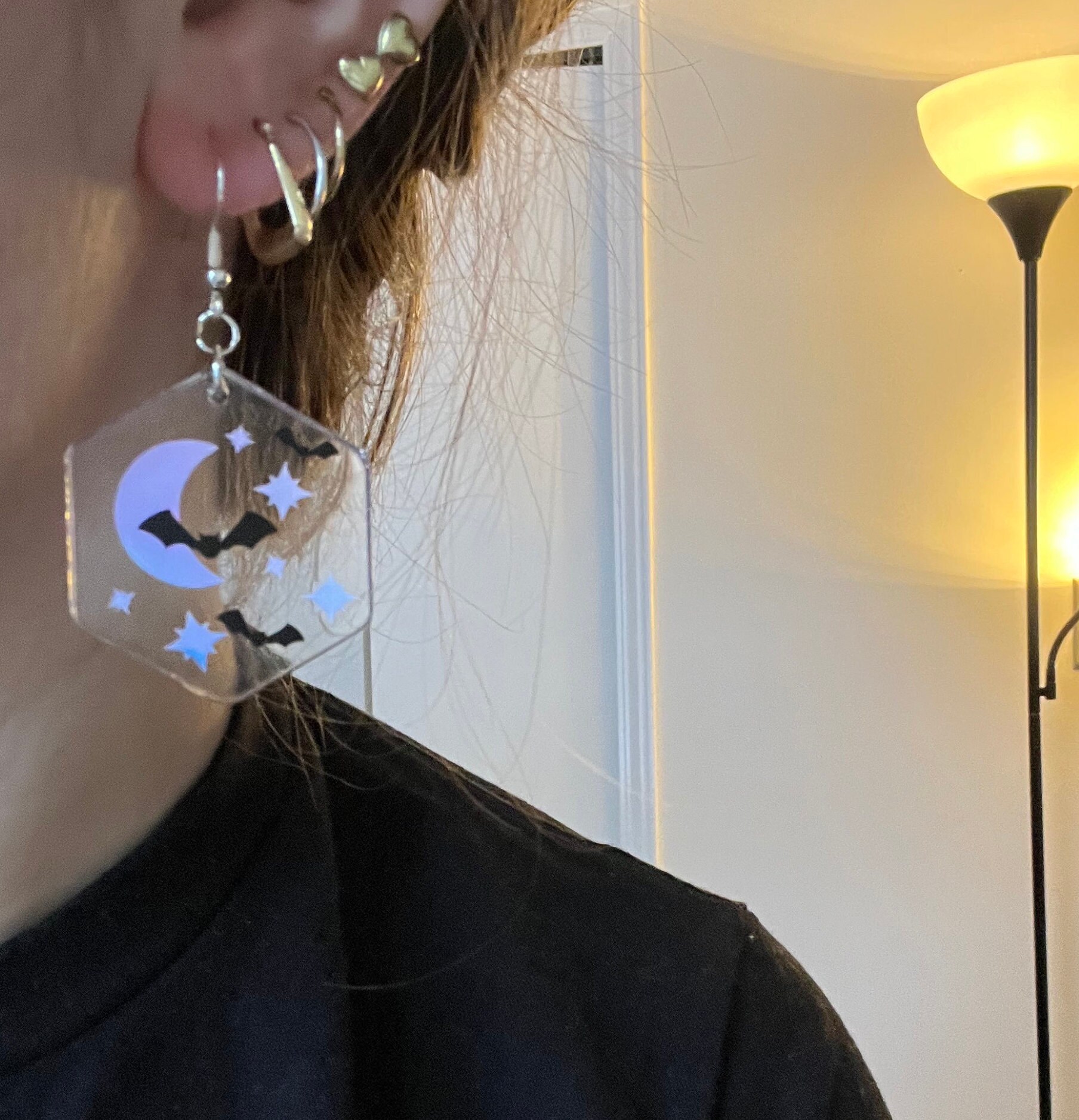 Crescent Moon and Bat Resin Holographic Earrings Halloween Earrings Gothic Cute Celestial Lunar ...