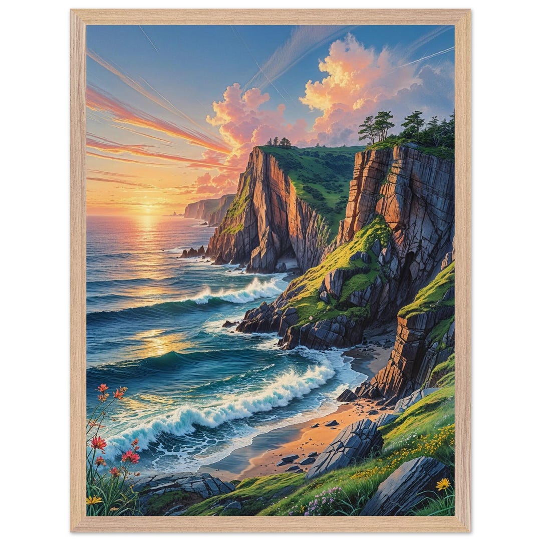Dramatic Seaside Sunset Over Cliffs - Premium Wooden Mounted Framed ...