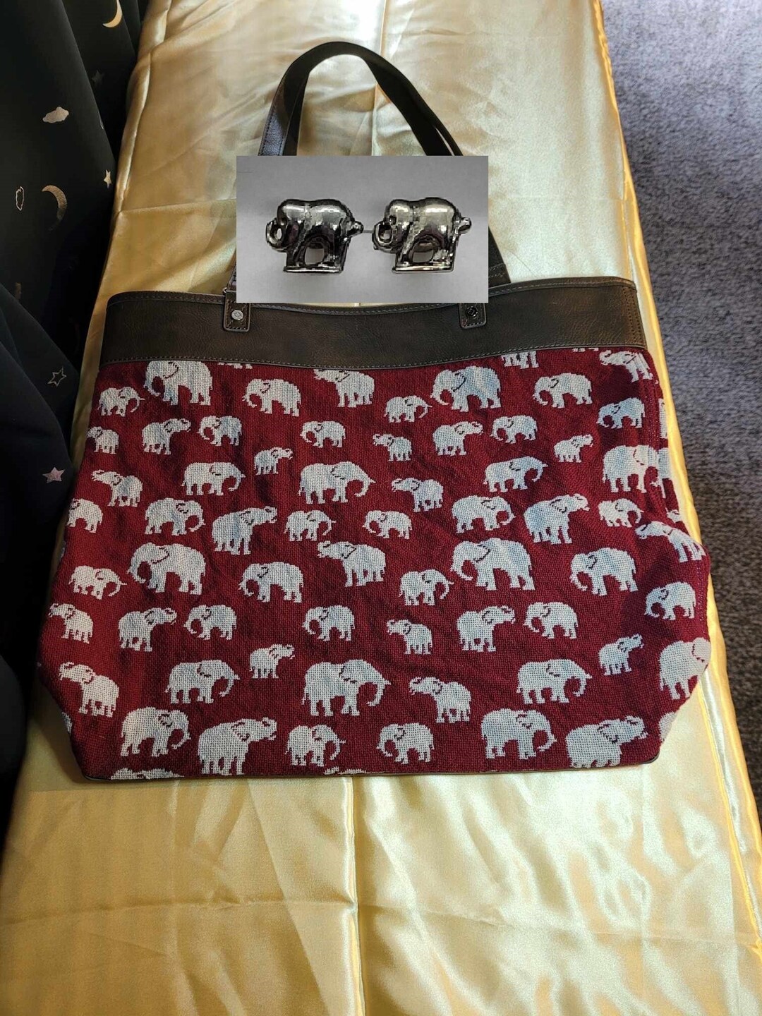 Thirty-one Tote Bag Elephants Red & White Safari Weave Reversible Open ...