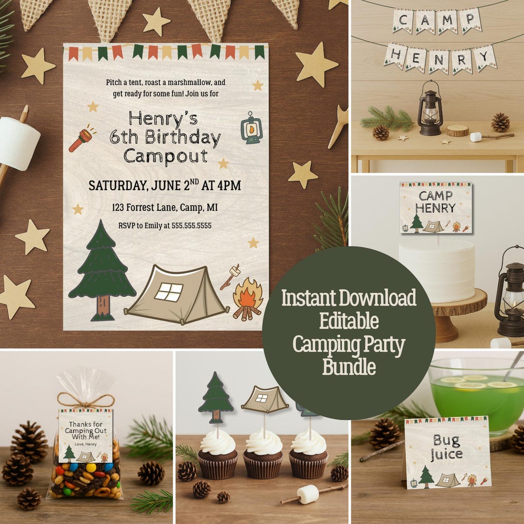 Editable Camping Birthday Party Bundle: Campout Invitation, Banner, and ...