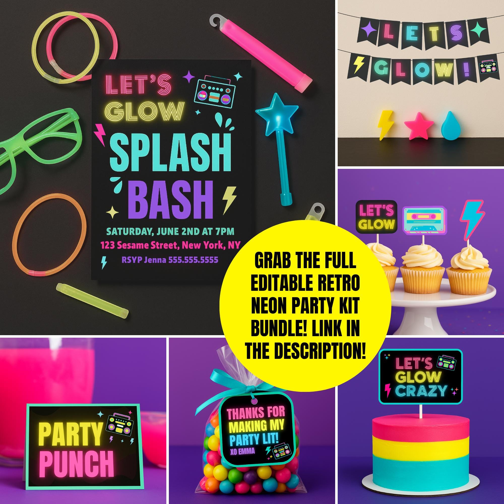 Editable Let’s Glow Party Banner Template, Neon Glow Birthday Garland ...