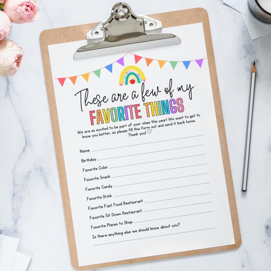 First Day of School Teacher Questionnaire Printable, Teacher Favorite ...