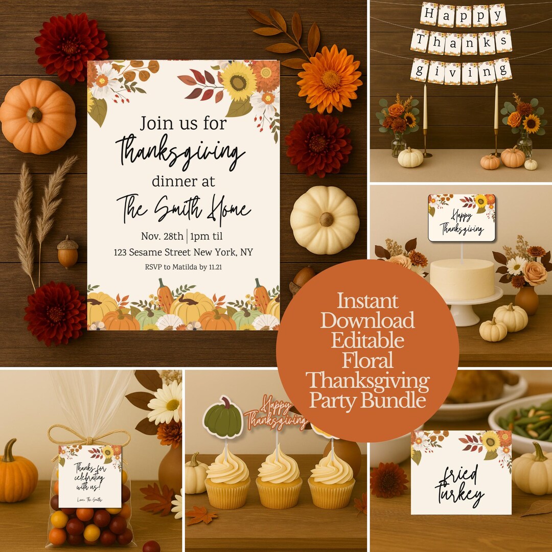 Editable Floral Thanksgiving Party Bundle, Fall Dinner Decorations ...