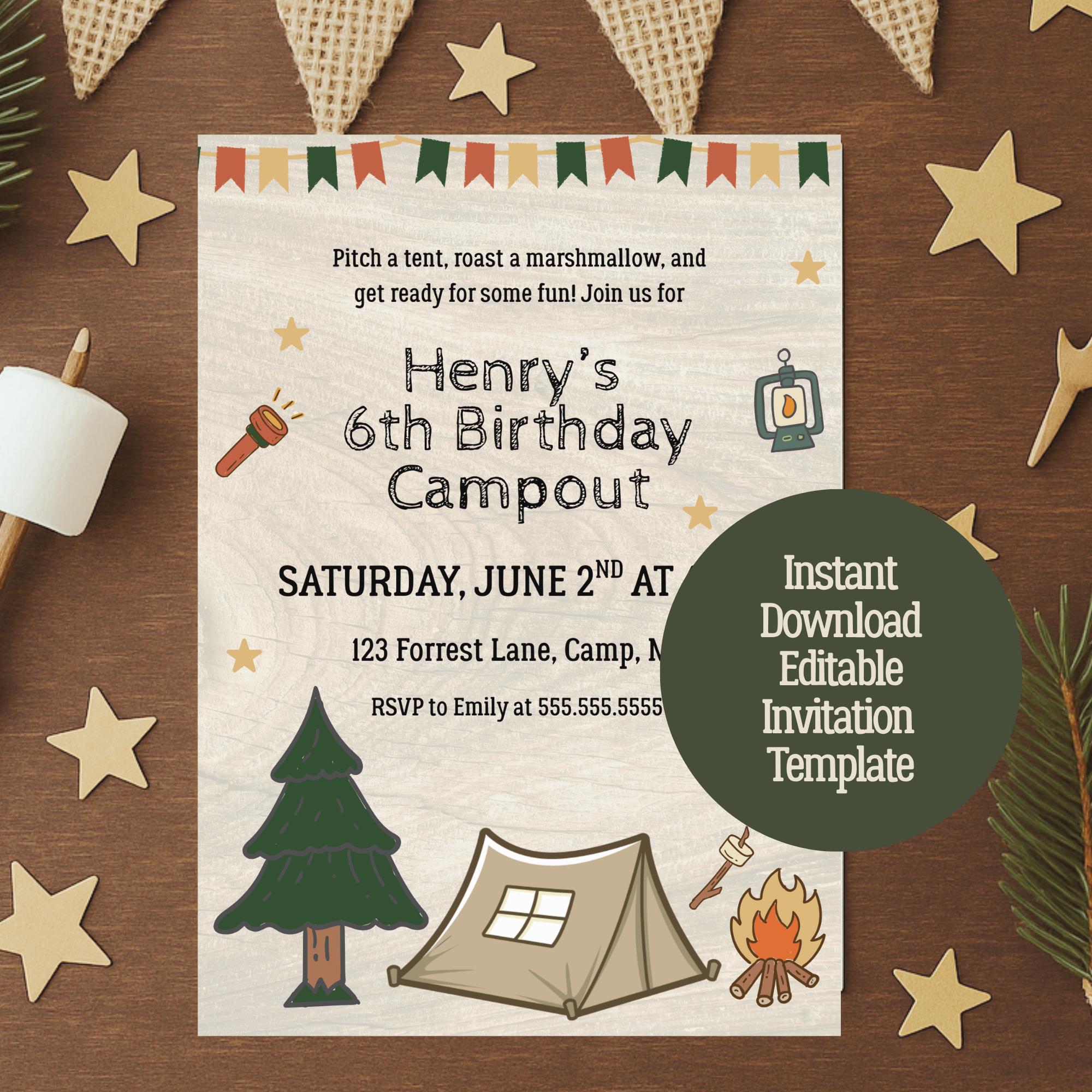 Editable Camping Birthday Party Bundle: Campout Invitation, Banner, and ...