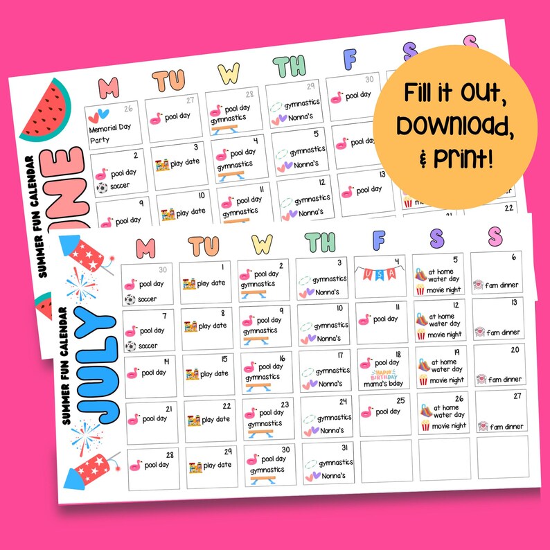 Editable Summer Fun Calendar Canva Template, Kids' Summer Activity ...