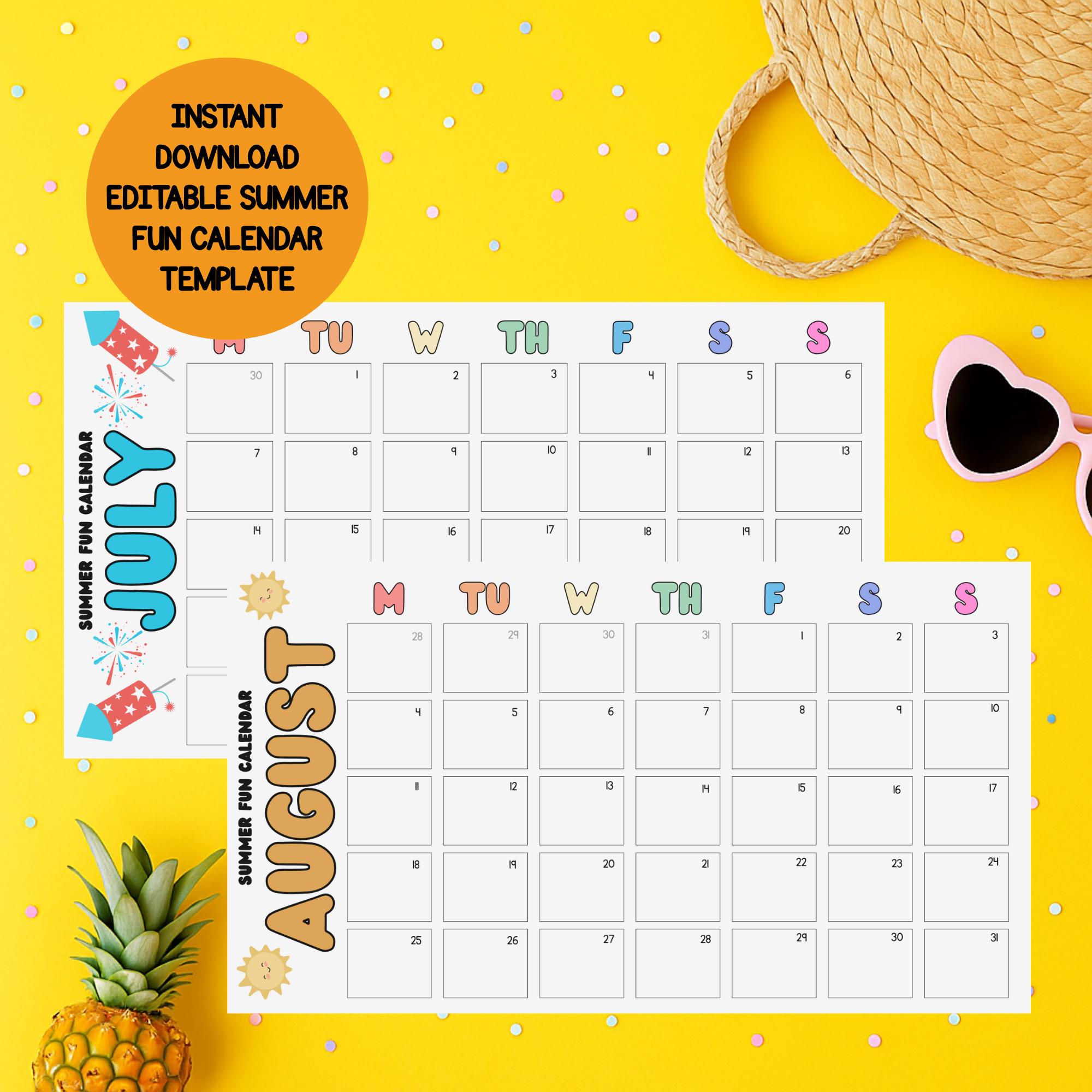 Editable Summer Fun Calendar Canva Template, Kids' Summer Activity ...