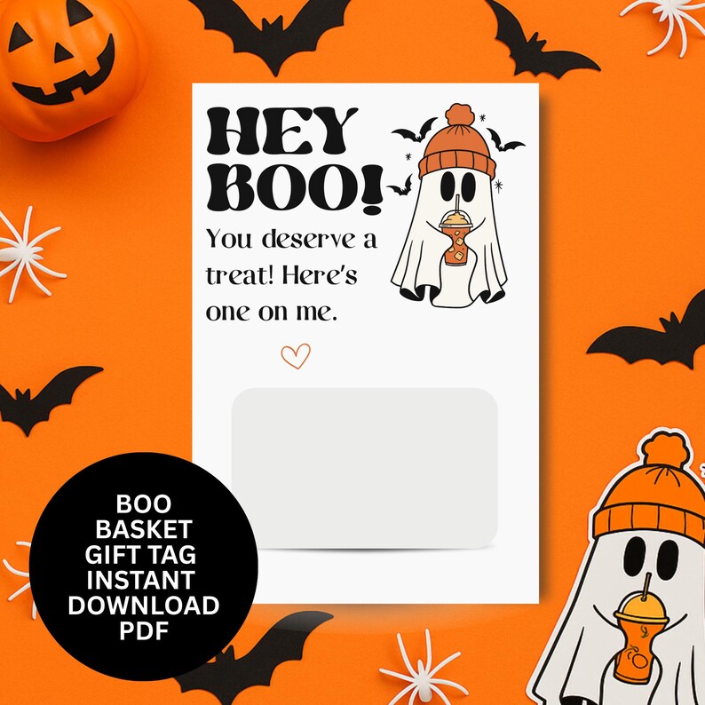 Halloween Coffee Gift Card Printable Gift Tag, Hipster Ghost Boo Basket ...