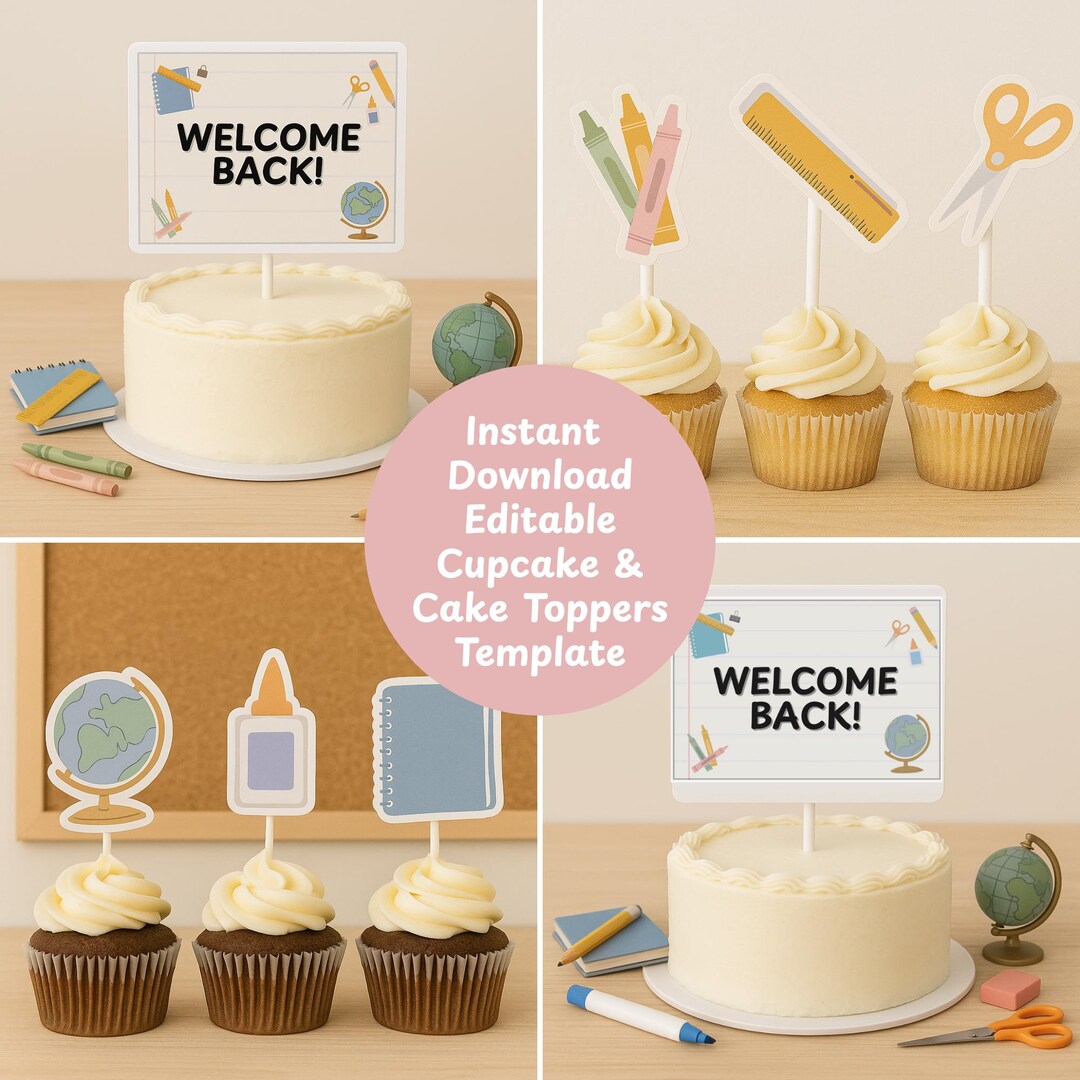 Back to School Cake & Cupcake Toppers: Editable School Theme (canva ...