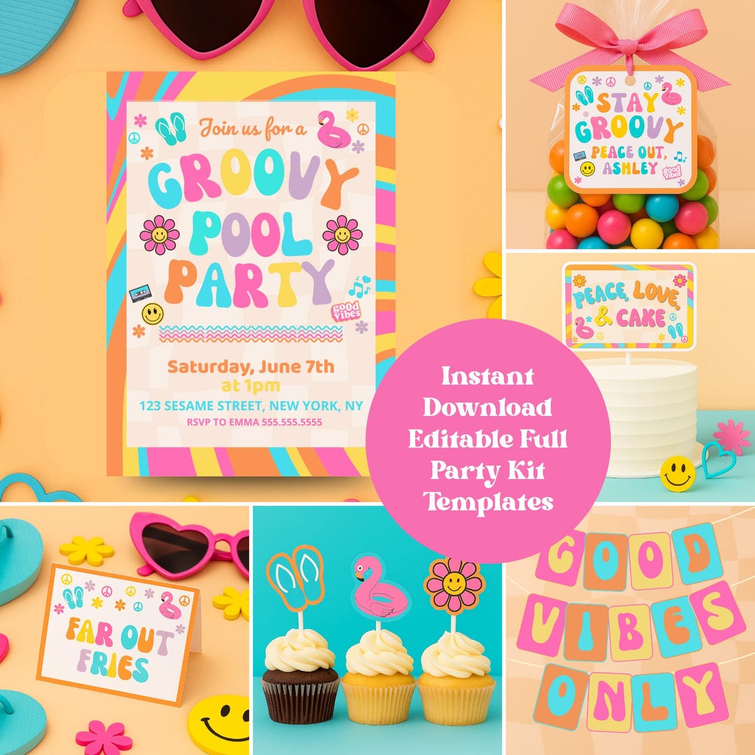 Groovy Pool Party Bundle, Editable 70s Party Decorations, Printable ...