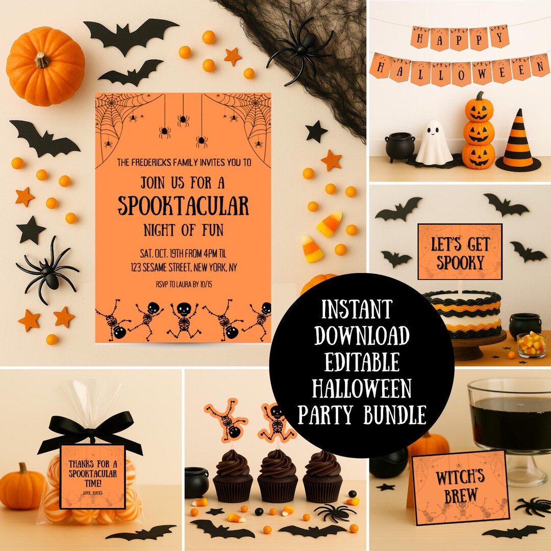 Editable Halloween Party Kit: Invitation, Banner, Toppers (digital ...