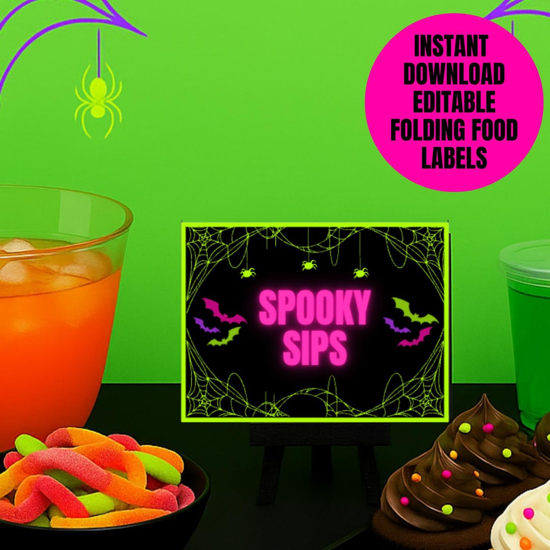 Neon Halloween Food Labels: Editable Glow Party Buffet Cards (digital ...