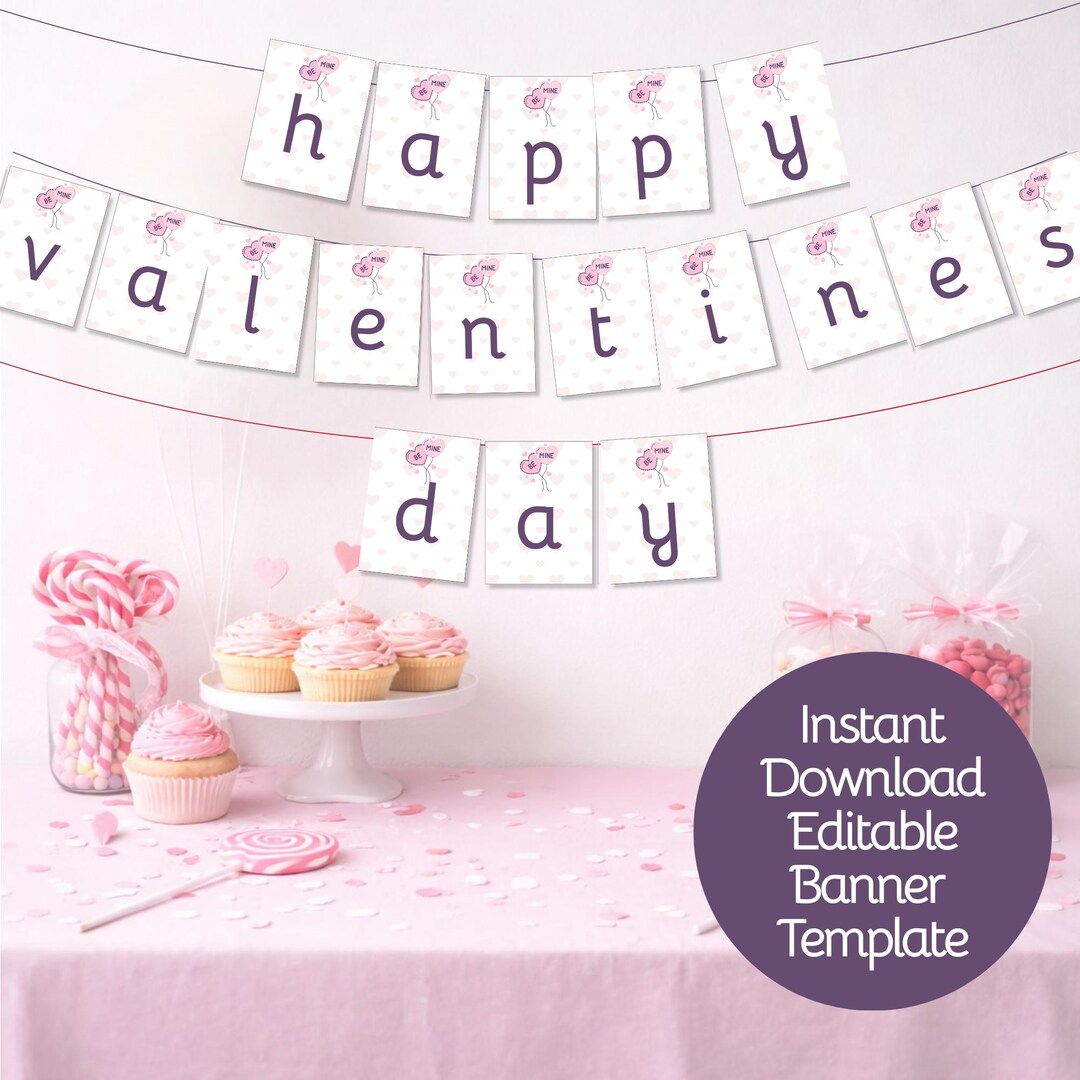 Valentine’s Day Party Banner, Pink & Purple Valentine Garland Printable ...