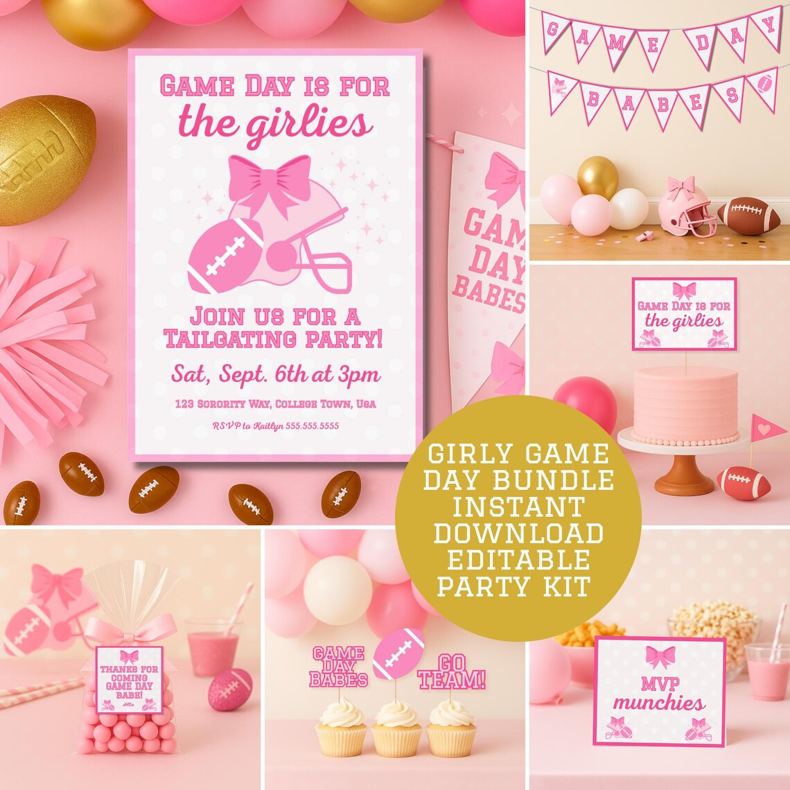 Girly Football Party Printables: Pink Tailgate Decorations (canva ...