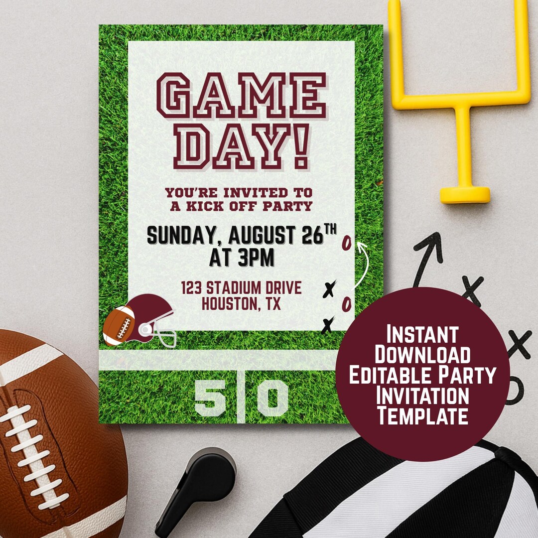 Maroon and White Game Day Invitation: Editable Football Party Invite ...