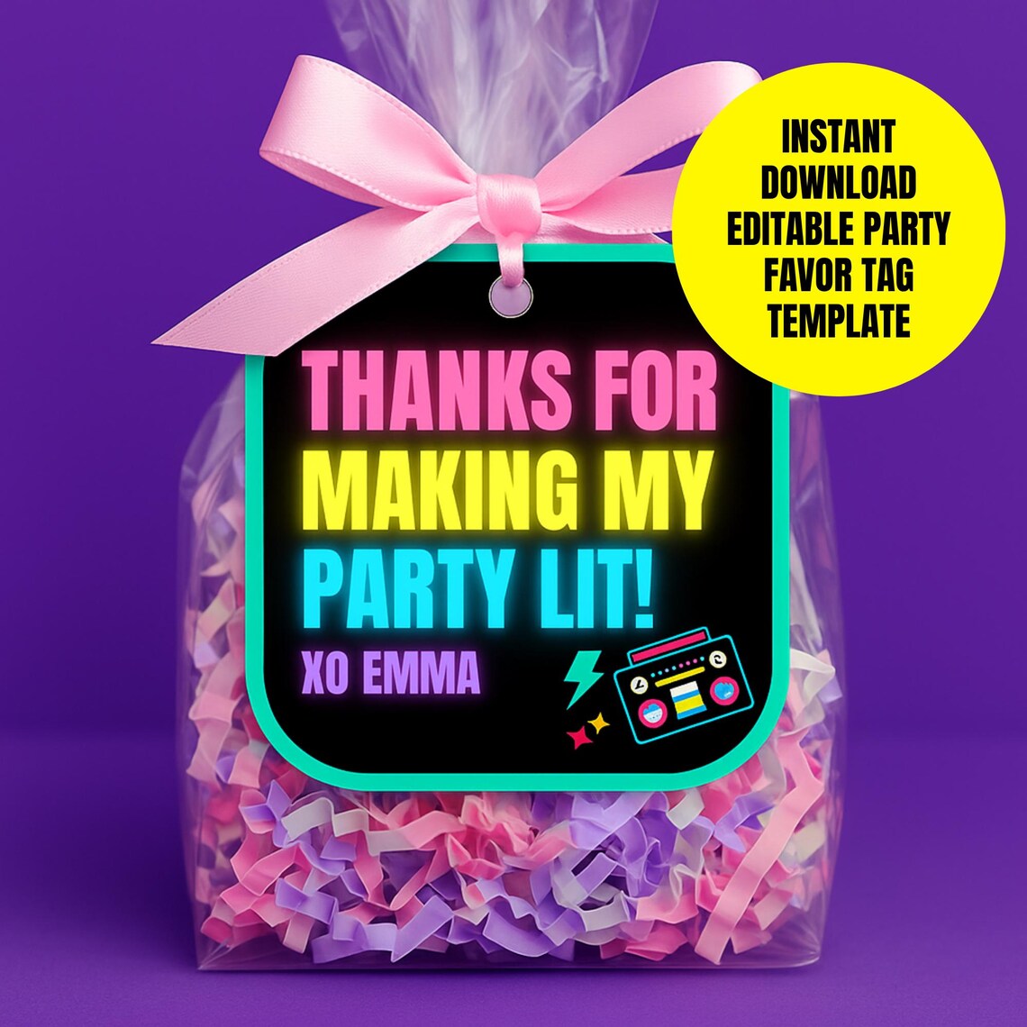 Neon Glow Party Favor Tags for Kids, Printable 90s Party Gift Tags ...