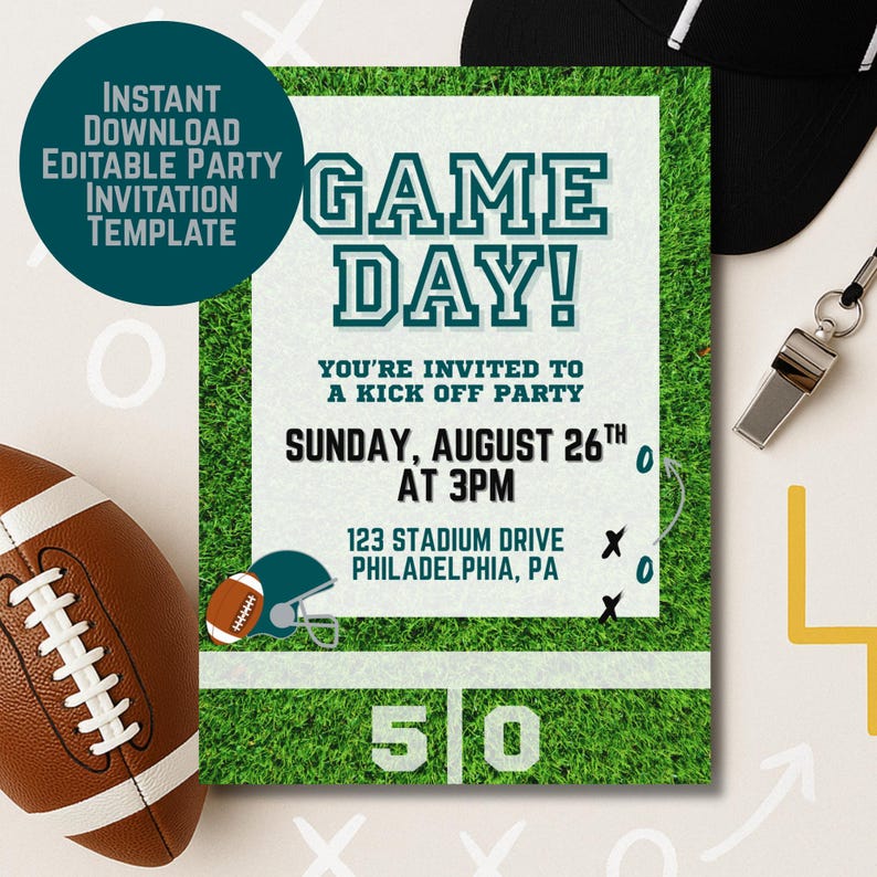 Green & Silver Football Party Invitation: Editable Game Day Invite ...