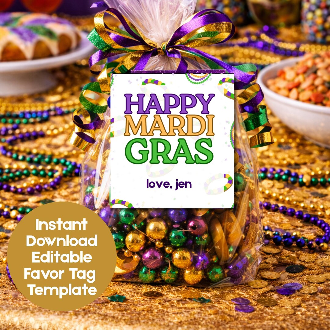 Mardi Gras Party Favor Tags, Purple Green Gold Party Treat Bag Tags ...