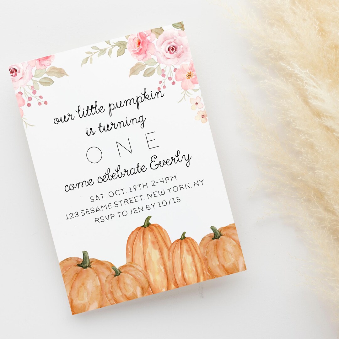 Our Little Pumpkin is ONE Canva Invitation Template, Pastel Floral ...