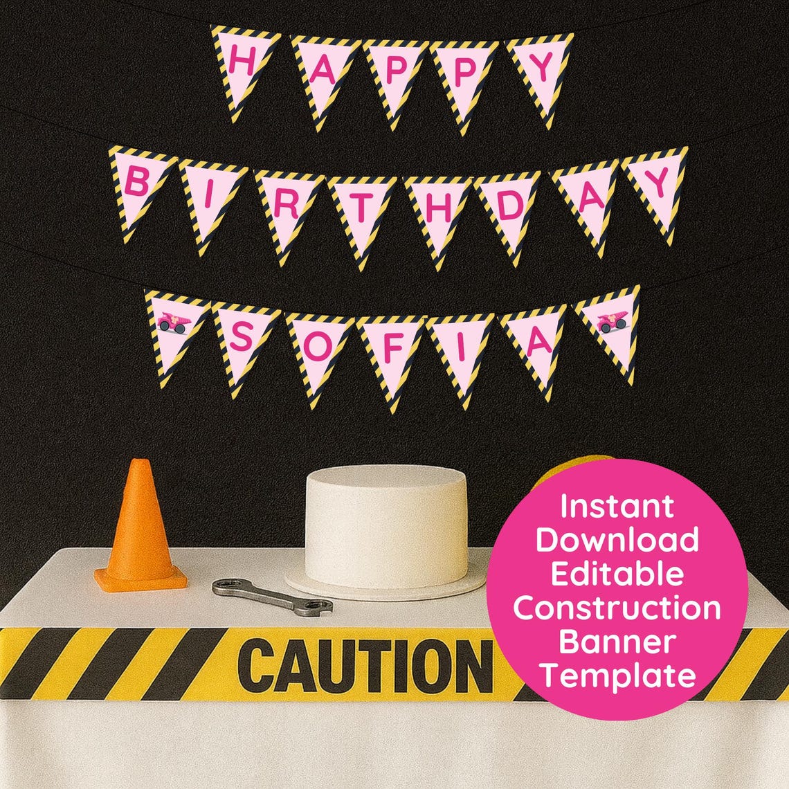 Editable Girly Construction Birthday Banner, Pink Dump Truck Party ...