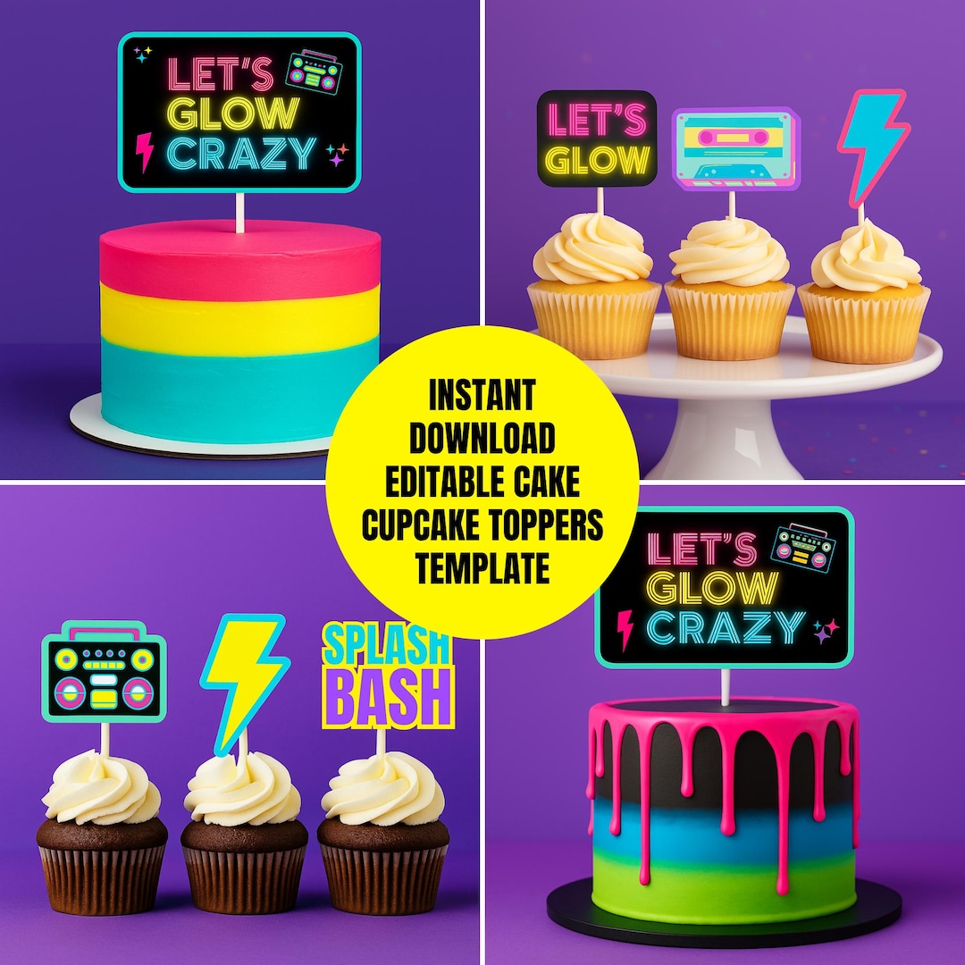 Glow Party Cake & Cupcake Toppers, Let's Glow Crazy Neon Birthday Decor ...