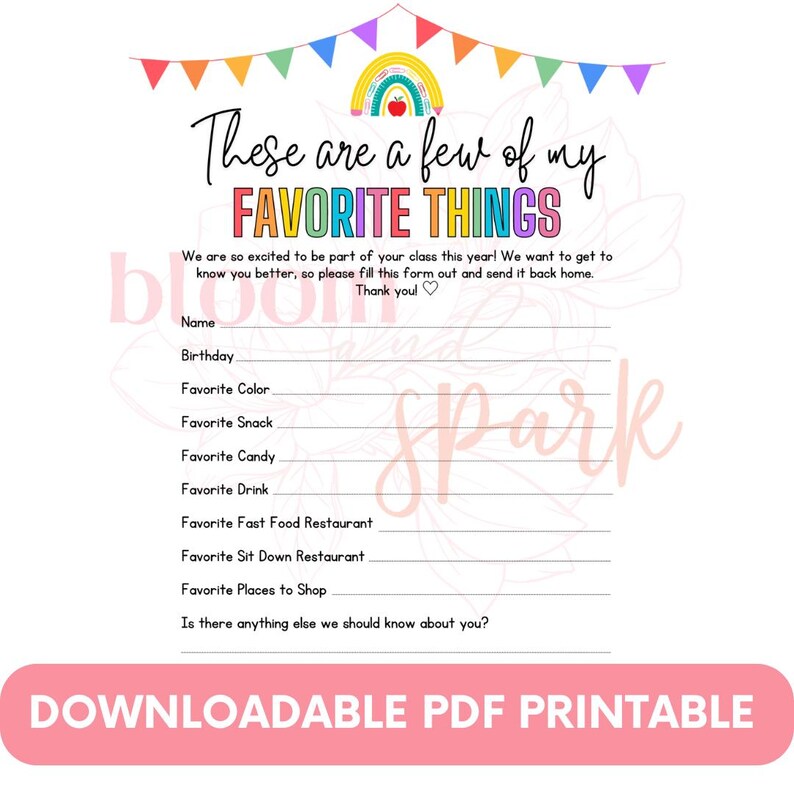First Day of School Teacher Questionnaire Printable, Teacher Favorite ...