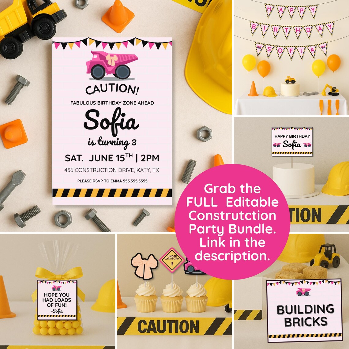 Editable Girly Construction Birthday Banner, Pink Dump Truck Party ...