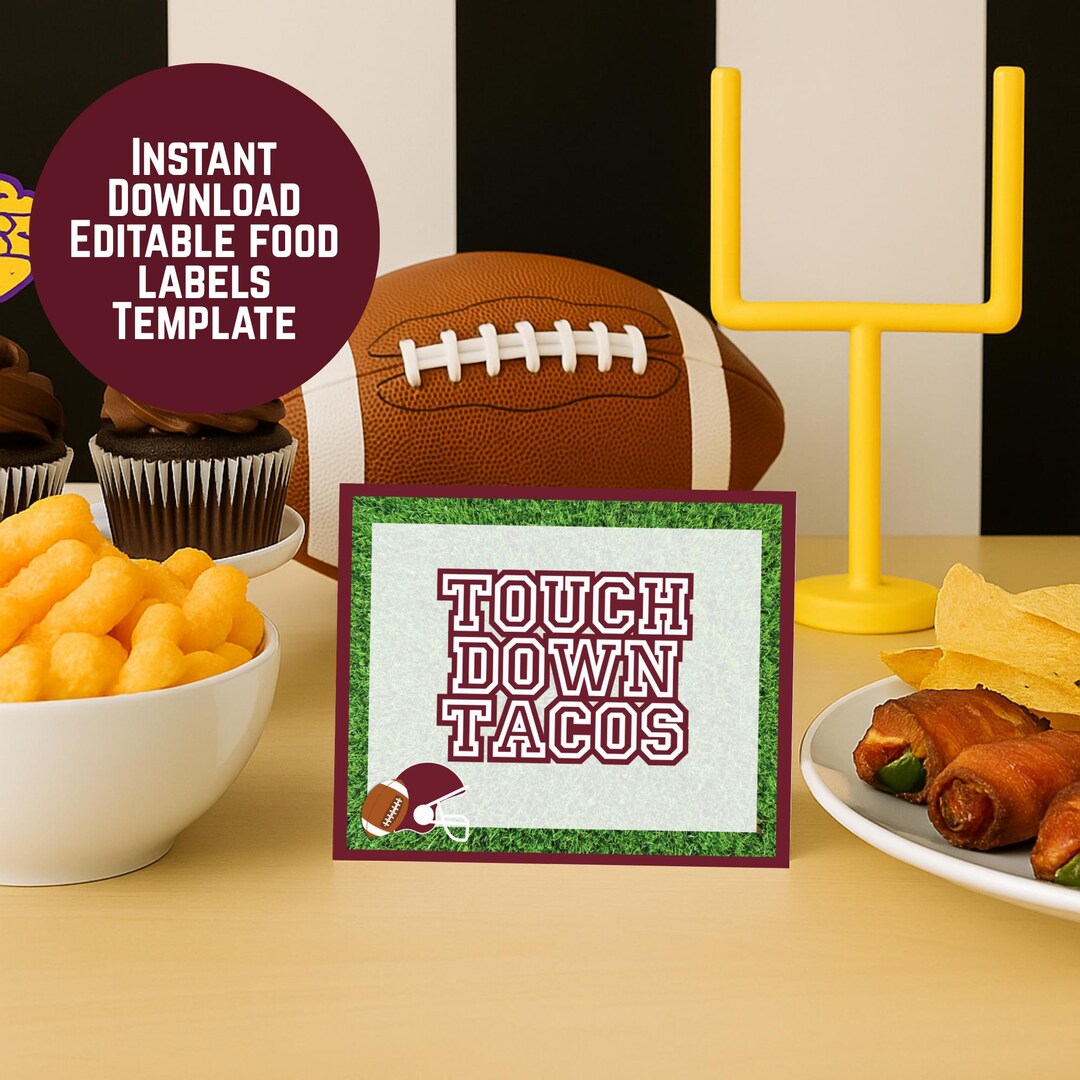 Maroon & White Football Party Food Labels: Editable Game Day Table ...