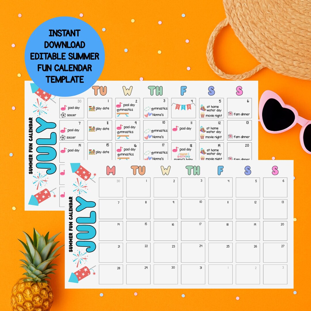 Editable Summer Fun Calendar Canva Template, Kids' Summer Activity ...