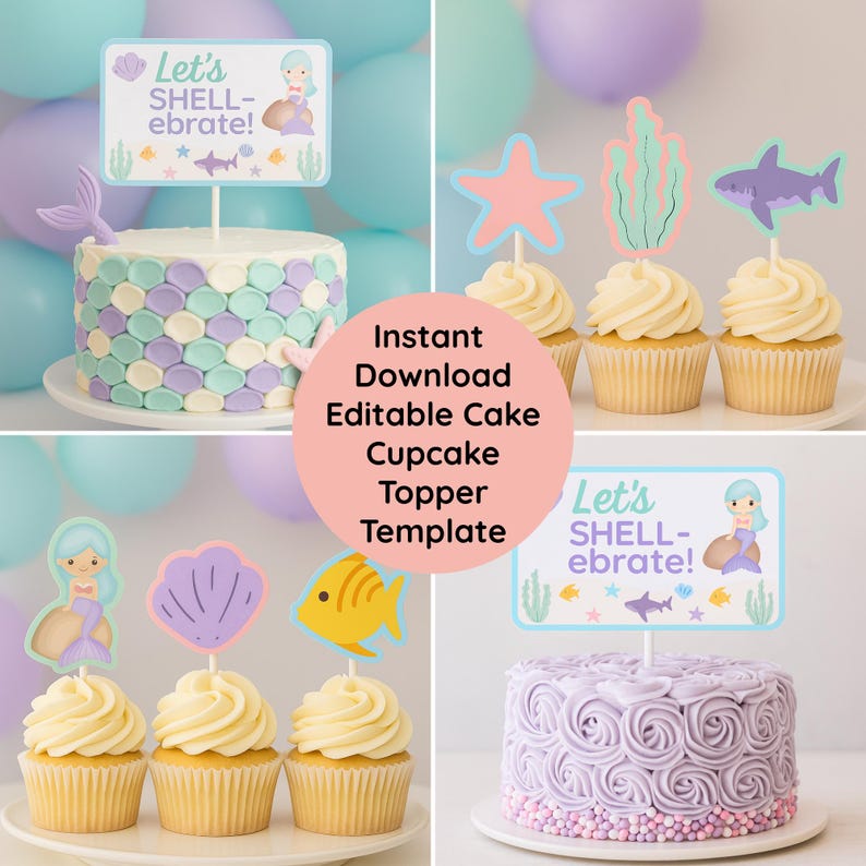 Editable Mermaid Cake Topper, Cupcake Toppers, Pastel Under the Sea ...