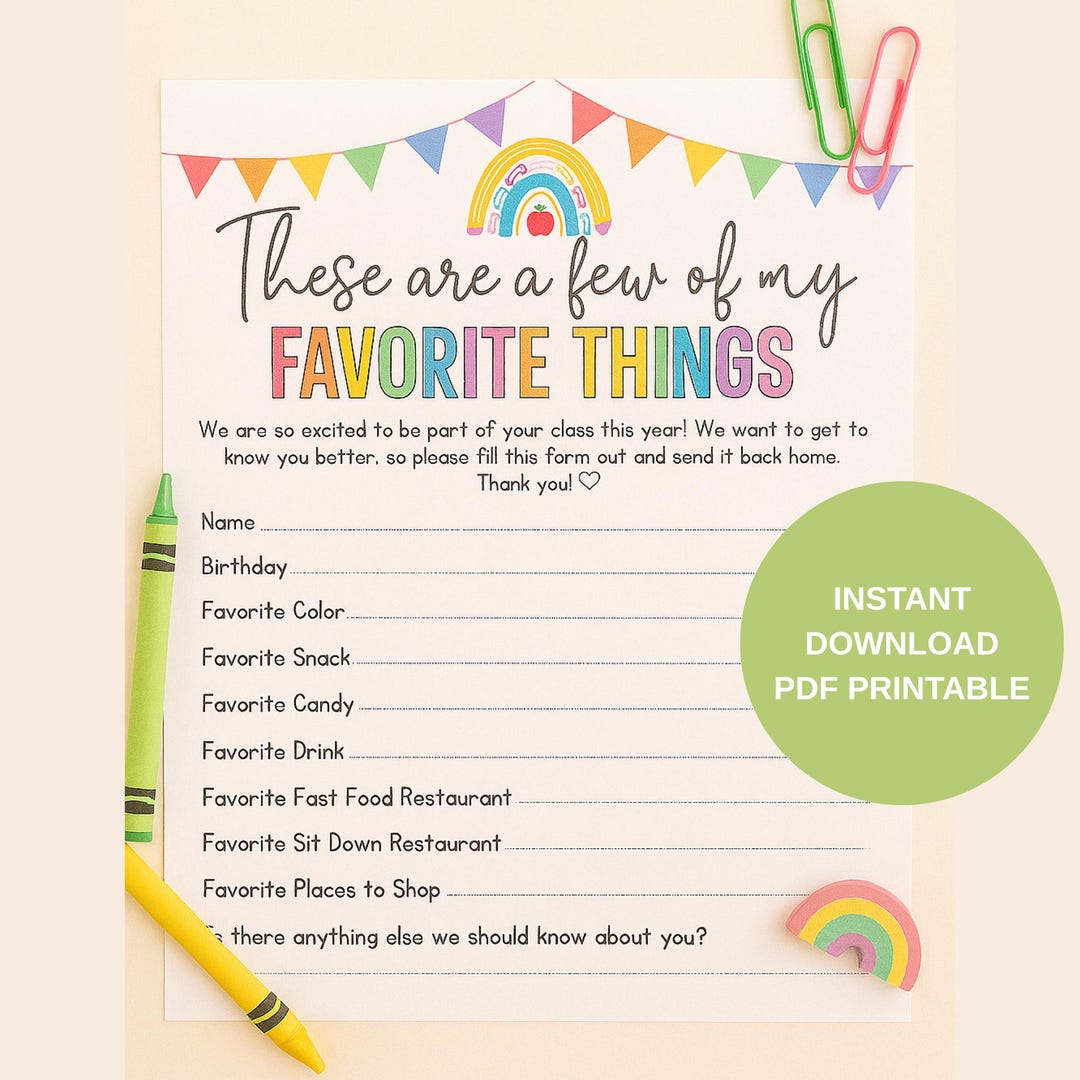 Back to School Teacher Favorite Things Printable, Rainbow All About Me ...
