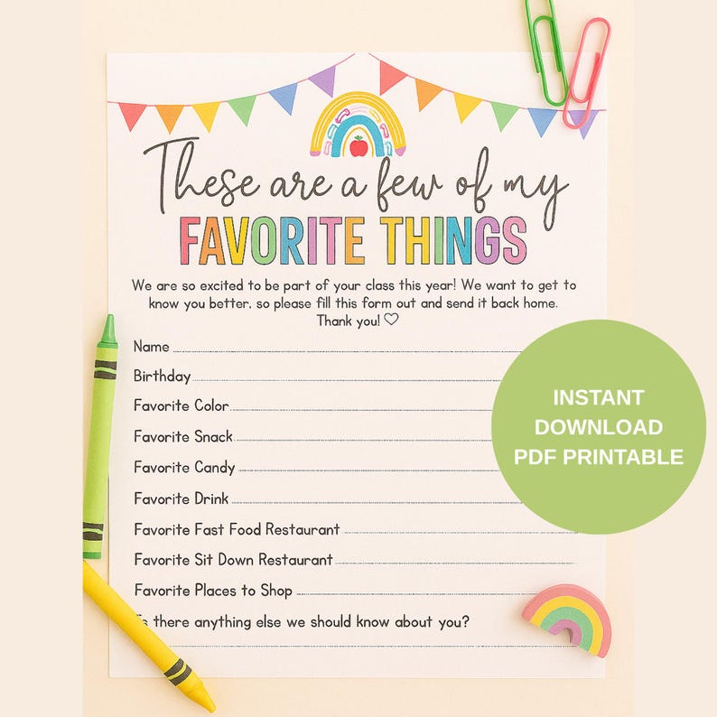 Back to School Teacher Favorite Things Printable, Rainbow All About Me ...