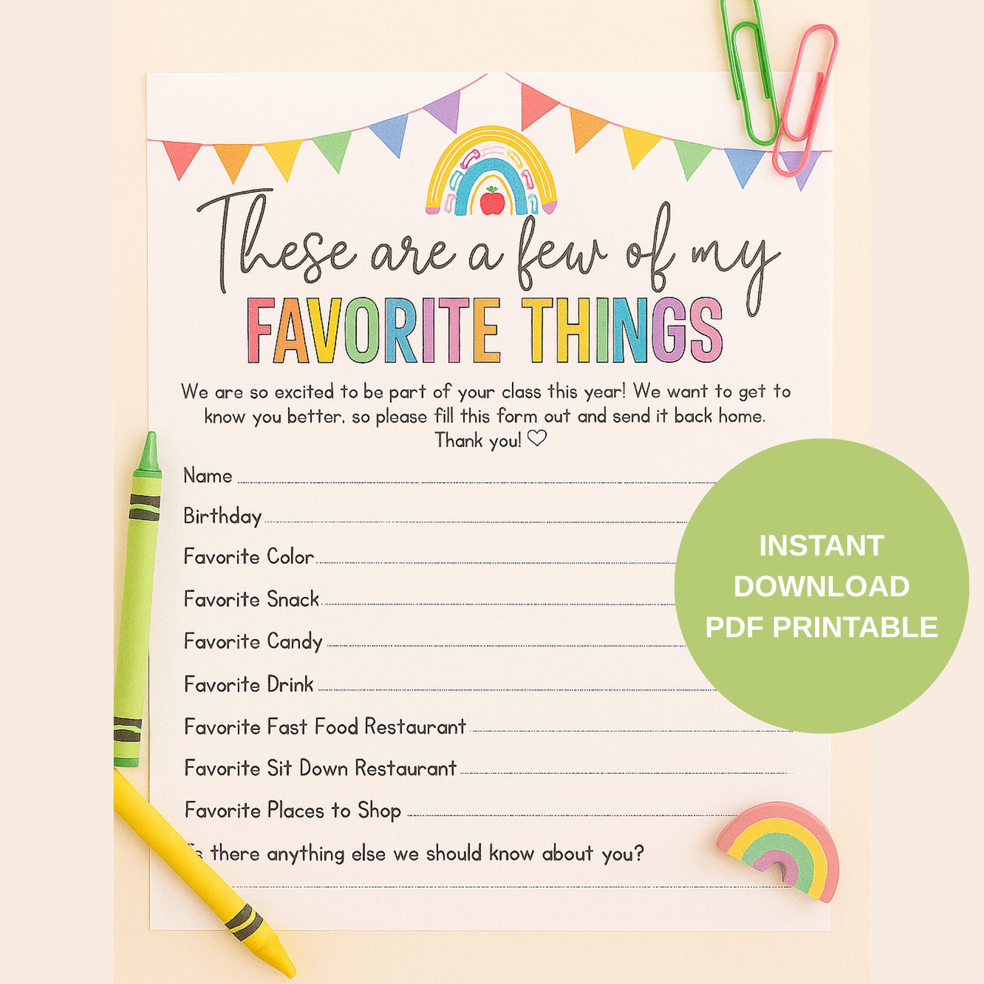 Back to School Teacher Favorite Things Printable, Rainbow All About Me ...