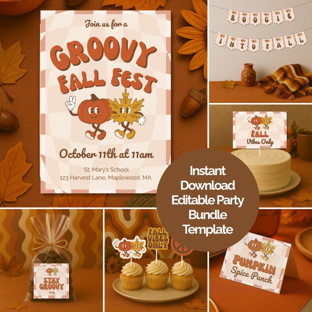 Groovy 70s Fall Party Printables: Editable Invitation, Banner, Toppers ...