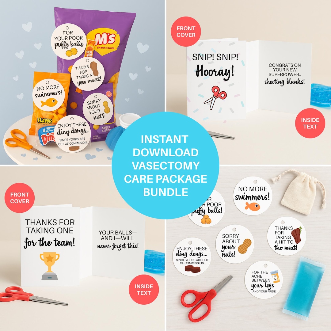 Funny Vasectomy Care Package Printables: Gag Gift Cards & Snack Tags ...