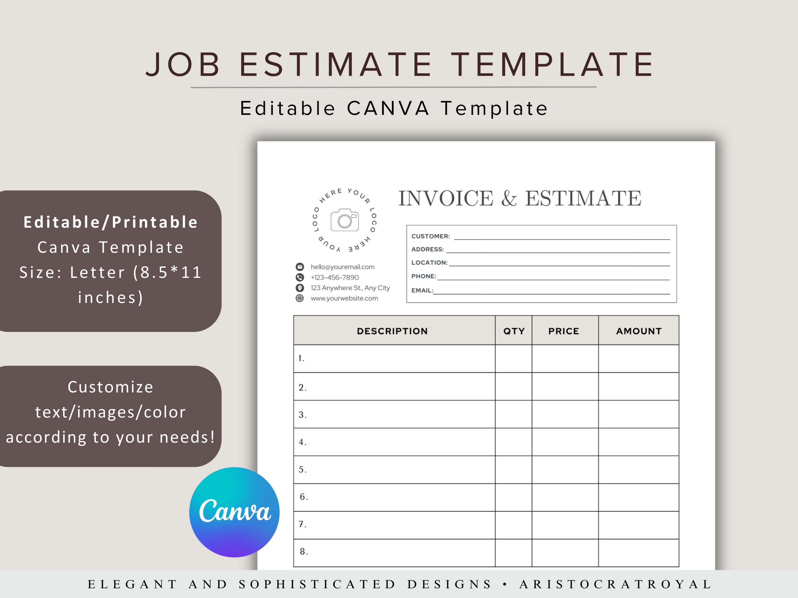 Editable Job Estimate Form Template Printable Canva Template, Letter ...