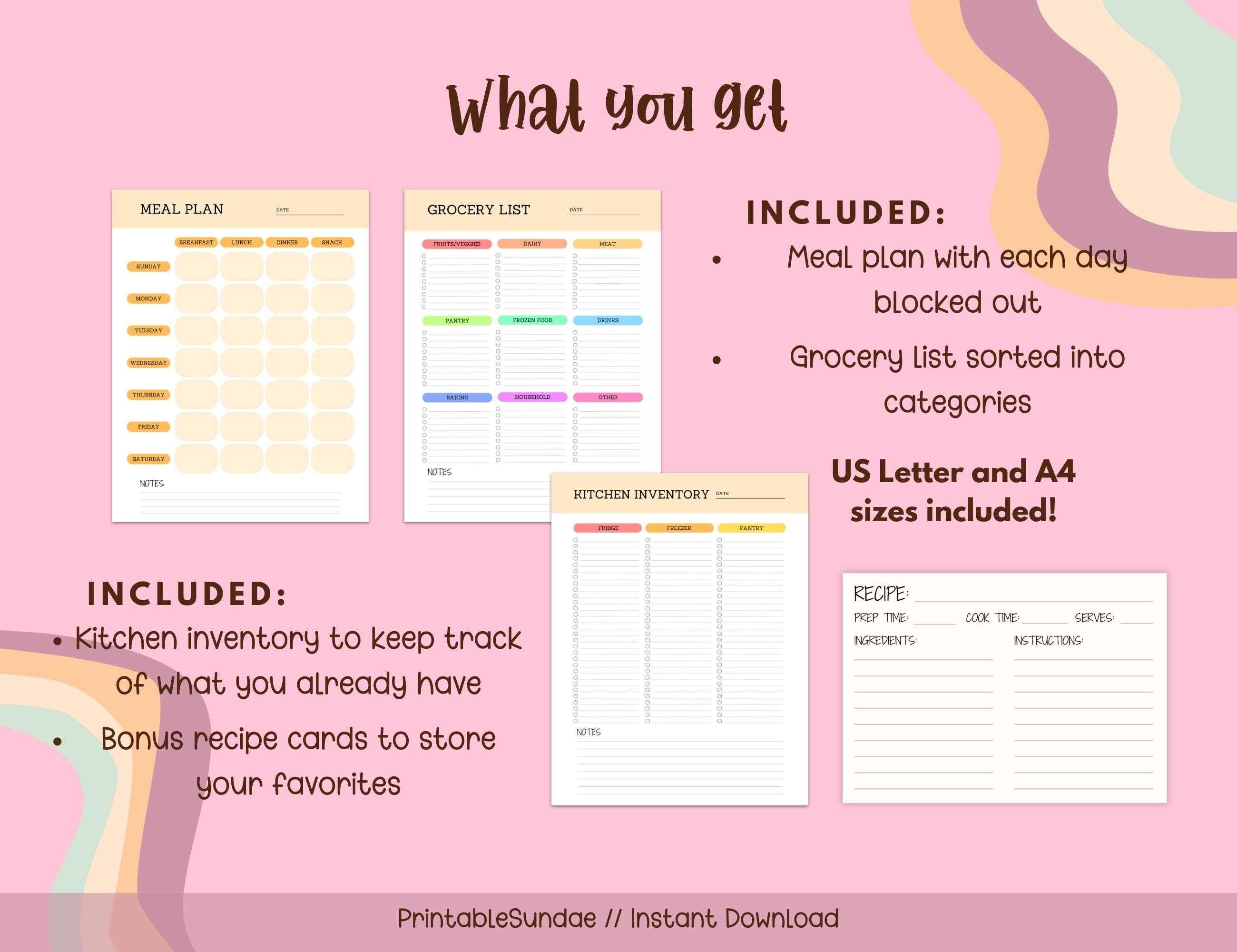 Printable Weekly Meal Planner, Grocery Shopping List, Food Inventory ...