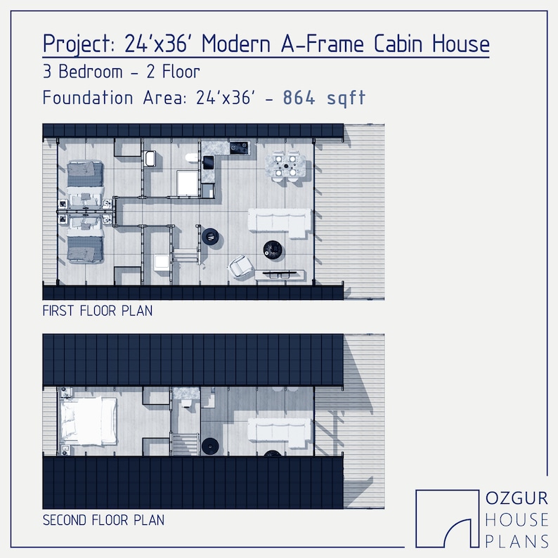 A-frame Cabin House Plan, 24x36 3 Bedroom Modern DIY Blueprint ...