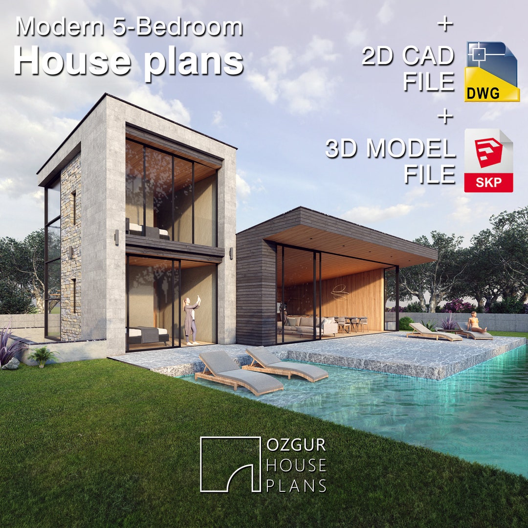 5 Bedroom House Plan, Modern Floor Plan, House Blueprint, Architectural ...