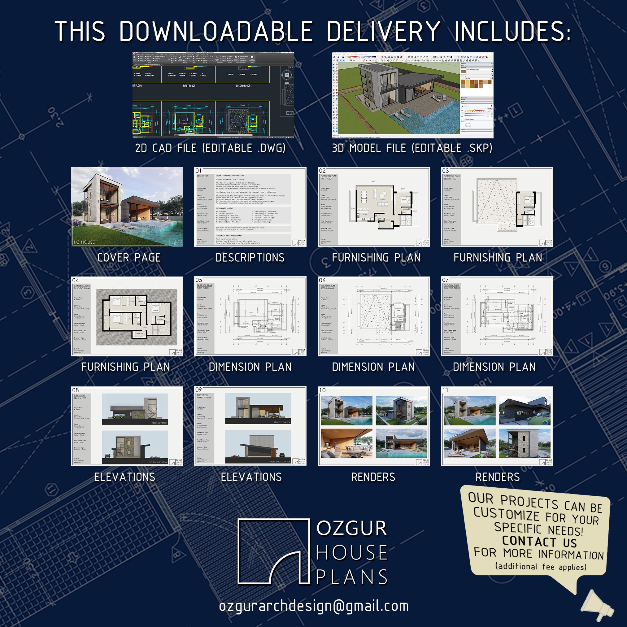 5 Bedroom House Plan, Modern Floor Plan, House Blueprint, Architectural ...