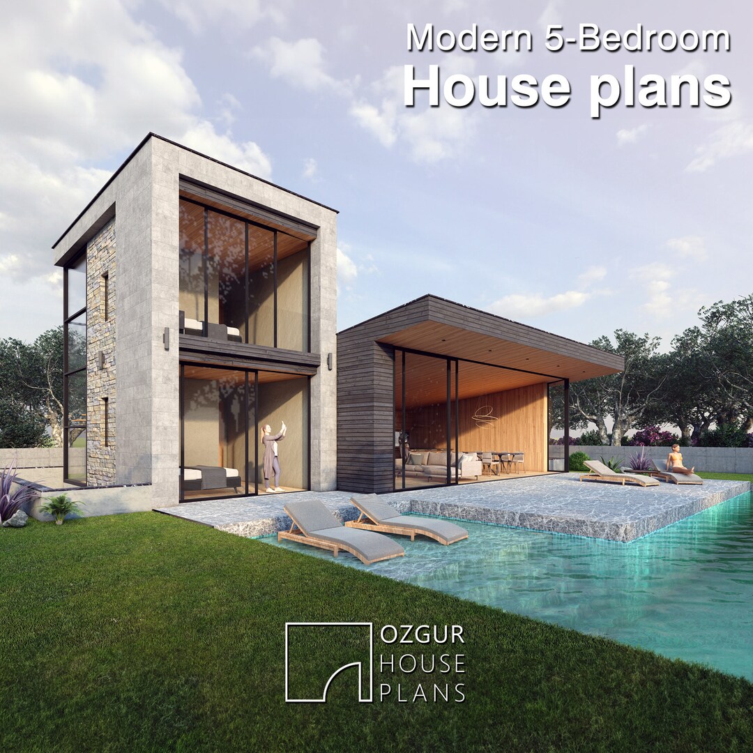 5 Bedroom House Plan, Modern Floor Plan, House Blueprint, Architectural ...