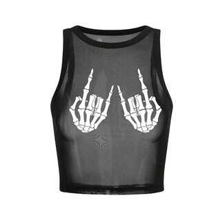 Skeleton Hands - Black Mesh Cropped Tank Top - Cute Graphic Tee ...
