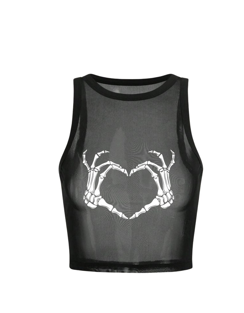 Skeleton Heart Hands - Black Mesh Cropped Tank Top - Cute Graphic Tee ...