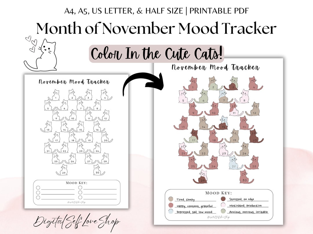 Cats November Mood Tracker, Color in the Cute Cats Every Day, Digital ...