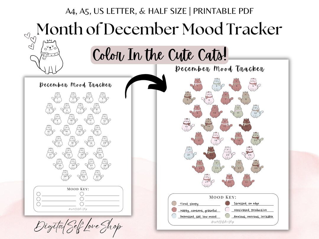 Cats December Mood Tracker, Color in the Cute Cats Every Day, Digital ...